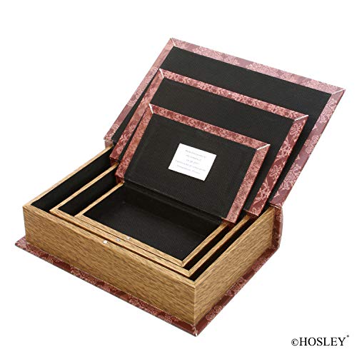 HOSLEY Storage Farmhouse Memory Book Boxes Set of 3, Red Brown & Gold,12", 10", 8" H.