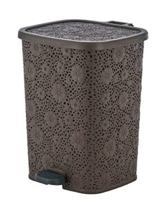 compact plastic step-on trash can, indoor and outdoor waste bin with foot pedal, brown decorative garbage bin with lace design, 6 qt small trash can for kitchen, bathroom, bedroom, patio, yard