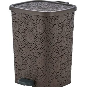 Compact Plastic Step-On Trash Can, Indoor and Outdoor Waste Bin with Foot Pedal, Brown Decorative Garbage Bin with Lace Design, 6 Qt Small Trash Can for Kitchen, Bathroom, Bedroom, Patio, Yard