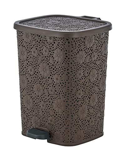 Compact Plastic Step-On Trash Can, Indoor and Outdoor Waste Bin with Foot Pedal, Brown Decorative Garbage Bin with Lace Design, 6 Qt Small Trash Can for Kitchen, Bathroom, Bedroom, Patio, Yard