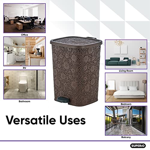 Compact Plastic Step-On Trash Can, Indoor and Outdoor Waste Bin with Foot Pedal, Brown Decorative Garbage Bin with Lace Design, 6 Qt Small Trash Can for Kitchen, Bathroom, Bedroom, Patio, Yard