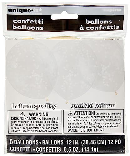 Unique 58114 Clear Party Balloons with White Confetti, 6 in 1 Pack 12"