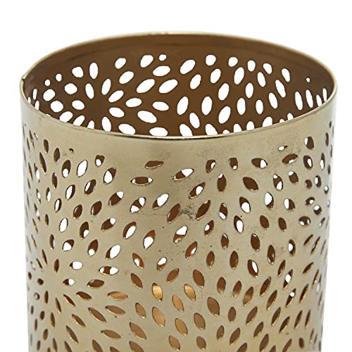 Deco 79 Metal Cylinder Pencil Cup with Laser Carved Floral Design, 4" x 4" x 4", Gold