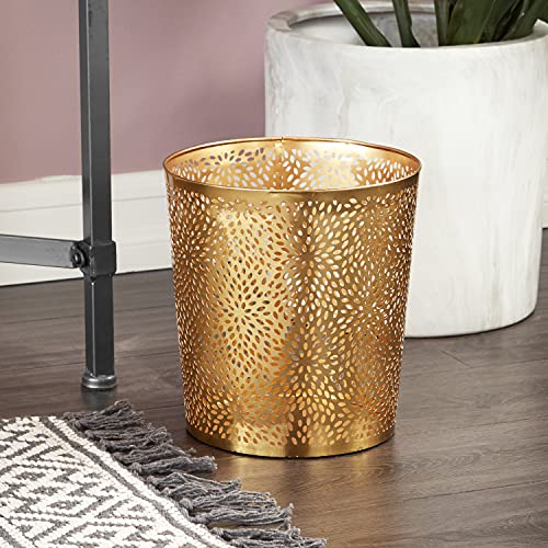 CosmoLiving by Cosmopolitan Metal Cylinder Small Waste Bin with Laser Carved Floral Design, 9" x 9" x 10", Gold