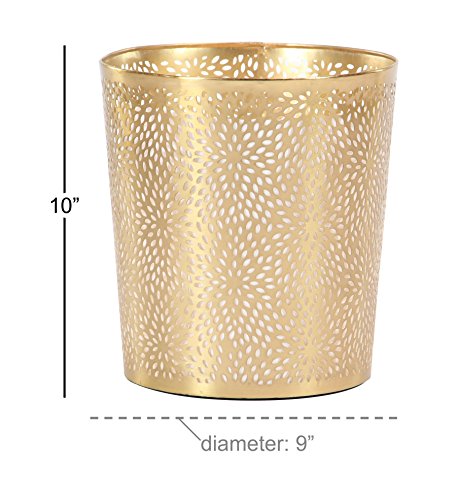 CosmoLiving by Cosmopolitan Metal Cylinder Small Waste Bin with Laser Carved Floral Design, 9" x 9" x 10", Gold