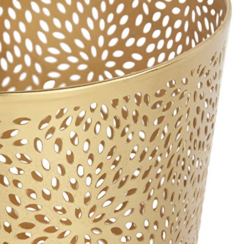 CosmoLiving by Cosmopolitan Metal Cylinder Small Waste Bin with Laser Carved Floral Design, 9" x 9" x 10", Gold