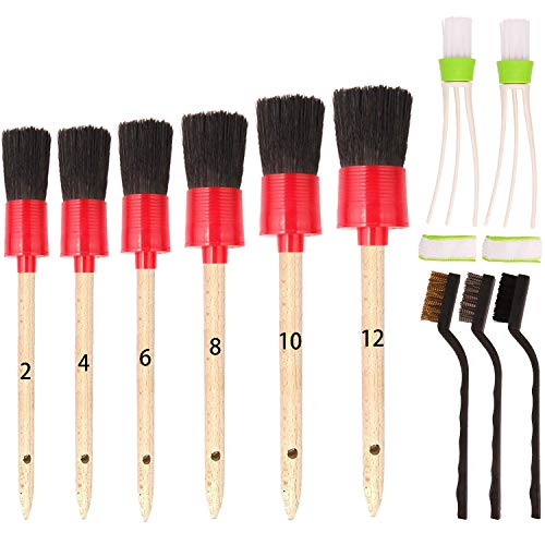 SUBANG 11 Pieces Car Detailing Brush Set for Cleaning Wheels,Interior,Exterior,Leather, Includes 6 Pcs Wooden Handle Boar Hair Automotive Detail Brush,3 Pcs Wire Brush and 2 Pcs Air Conditioner Brush