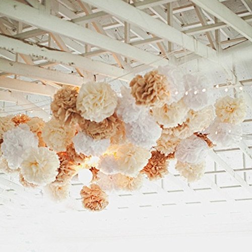 10PCS Mixed Cream Tan Brown White Party Tissue Paper Pom Poms Streamers Neutral Birthday Baby Shower Wedding Nursery Classroom Hanging Decoration