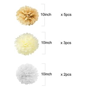 10PCS Mixed Cream Tan Brown White Party Tissue Paper Pom Poms Streamers Neutral Birthday Baby Shower Wedding Nursery Classroom Hanging Decoration