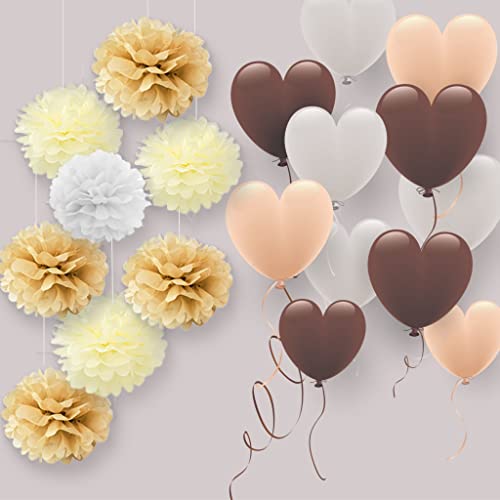 10PCS Mixed Cream Tan Brown White Party Tissue Paper Pom Poms Streamers Neutral Birthday Baby Shower Wedding Nursery Classroom Hanging Decoration