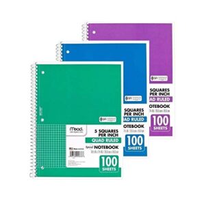 mead spiral quad ruled notebook, 1 subject 5 squares per inch 100 sheets (colors may vary) (3 pack)