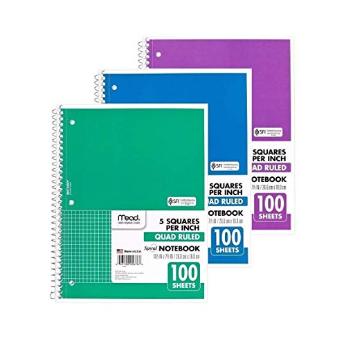 Mead Spiral Quad Ruled Notebook, 1 Subject 5 Squares per inch 100 Sheets (Colors May Vary) (3 Pack)