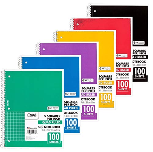 Mead Spiral Quad Ruled Notebook, 1 Subject 5 Squares per inch 100 Sheets (Colors May Vary) (3 Pack)