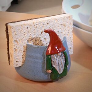 American Handmade Pottery Kitchen Sponge Holder, Garden Gnome Motif