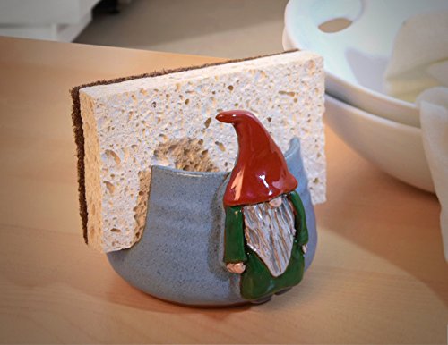 American Handmade Pottery Kitchen Sponge Holder, Garden Gnome Motif