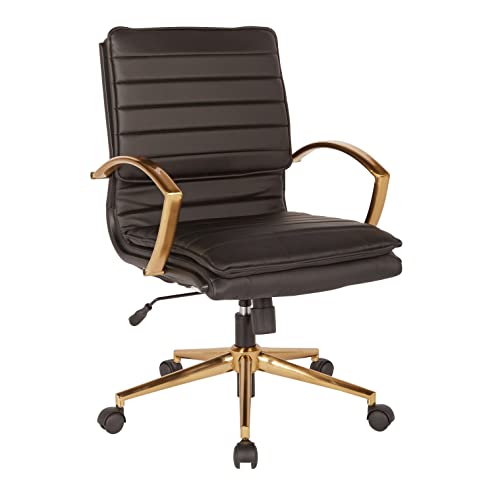 OSP Home Furnishings FL Series Mid-Back Faux Leather Adjustable Office Desk Chair with Thick Contoured Seat and Gold Finish, Black