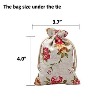 FASOTY Lot of 50 Rose Drawstring Burlap Bags Flower Pouches Bags Linen Gift Bags Floral Jewelry Pouch Jute Sacks for Wedding Favor Party Gifts, Bridal Shower, Birthday, DIY Craft, 3.7x5.2 Inch