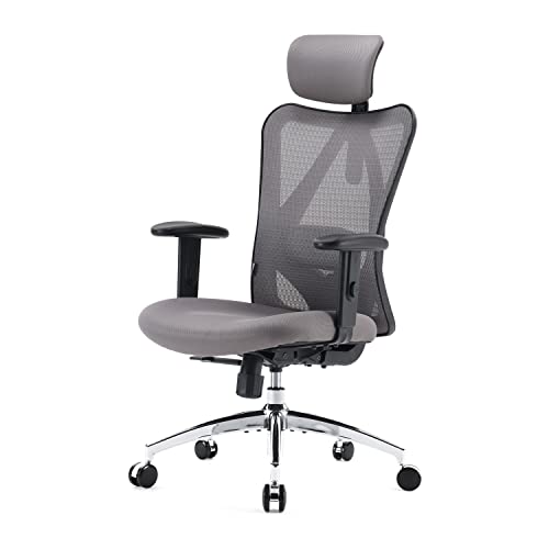 SIHOO M18 Ergonomic Office Chair for Big and Tall People Adjustable Headrest with 2D Armrest Lumbar Support and PU Wheels Swivel Tilt Function Grey