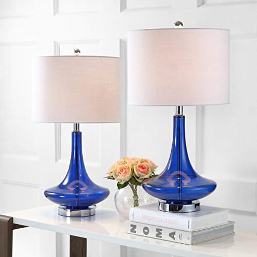 JONATHAN Y JYL1081D-SET2 Set of 2 Table Lamps Cecile 25.5" Glass Teardrop LED Table Lamp Contemporary Bedside Desk Nightstand Lamp for Bedroom Living Room Office College Bookcase, Cobalt Blue