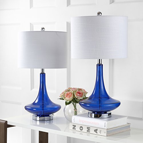 JONATHAN Y JYL1081D-SET2 Set of 2 Table Lamps Cecile 25.5" Glass Teardrop LED Table Lamp Contemporary Bedside Desk Nightstand Lamp for Bedroom Living Room Office College Bookcase, Cobalt Blue