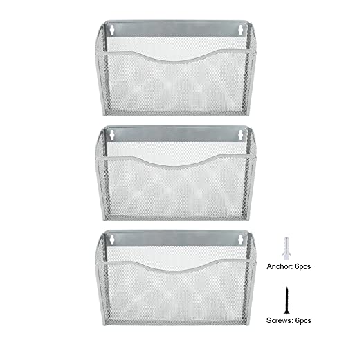 PAG 3 Pockets Hanging File Holder Organizer Metal Wall Mount Magazine Rack, Silver