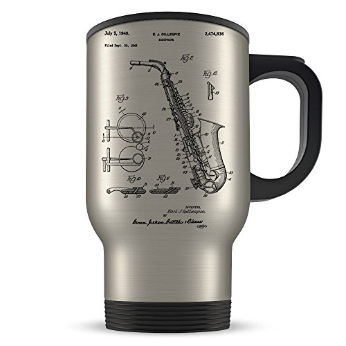 Saxophone Travel Mug for Men and Women - Saxophone Coffee Cup for Music Teacher or Sax Player - Best Jazz Themed Gift Idea - Cool Dizzy Gillespie Invention Patent