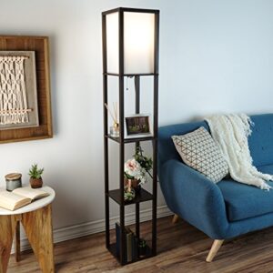 floor lamp-etagere style tall standing with shade led light bulb included-3 tiers storage shelving for accent decor organization-by lavish home(brown) 10.25"x10.25"x62.75"