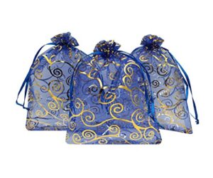 ankirol 100pcs sheer organza favor bags 5x7'' for wedding bags samples display drawstring pouches (blue-gold swirl)