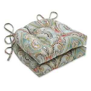 pillow perfect paisley outdoor patio reversible chairpad with ties weather, and fade resistant, 15.5" x 16", blue/multi pretty, 2 count