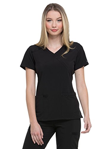 Dickies EDS Essentials, Mock Wrap Top Scrubs for Women with Four-Way Stretch and Moisture Wicking DK625, S, Black