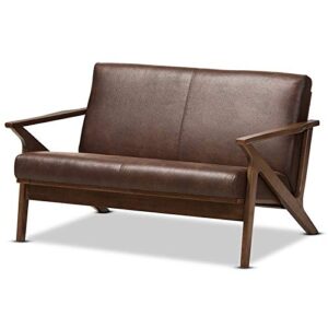 baxton studio bianca mid-century modern walnut wood dark brown distressed faux leather 2-seater loveseat