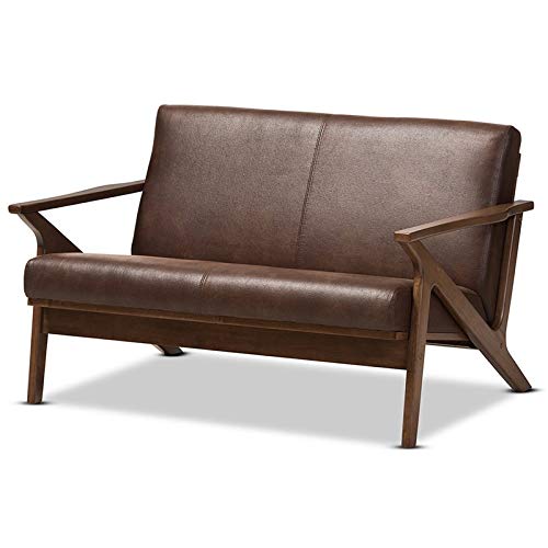 Baxton Studio Bianca Mid-Century Modern Walnut Wood Dark Brown Distressed Faux Leather 2-Seater Loveseat