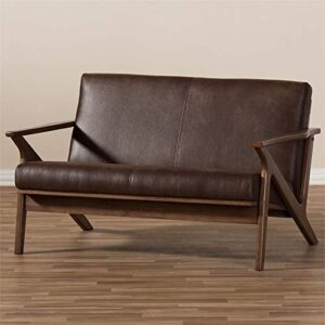 Baxton Studio Bianca Mid-Century Modern Walnut Wood Dark Brown Distressed Faux Leather 2-Seater Loveseat