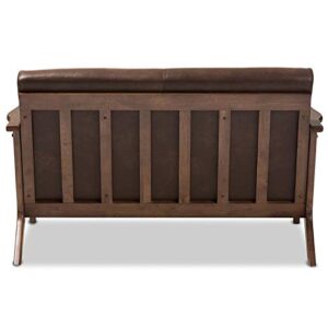 Baxton Studio Bianca Mid-Century Modern Walnut Wood Dark Brown Distressed Faux Leather 2-Seater Loveseat