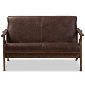 Baxton Studio Bianca Mid-Century Modern Walnut Wood Dark Brown Distressed Faux Leather 2-Seater Loveseat