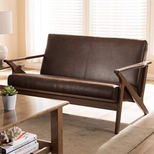 Baxton Studio Bianca Mid-Century Modern Walnut Wood Dark Brown Distressed Faux Leather 2-Seater Loveseat