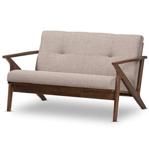 baxton studio bianca tufted loveseat in light gray and walnut brown