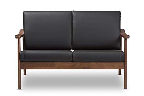 Baxton Studio Venza Faux Leather Loveseat in Black and Walnut Brown