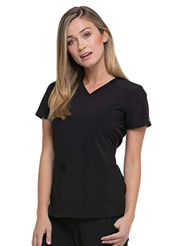 Dickies EDS Essentials Scrubs, V-Neck Womens Tops with Four-Way Stretch and Moisture Wicking DK615, S, Black