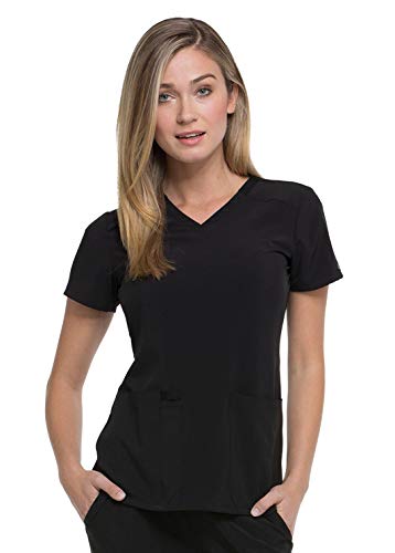 Dickies EDS Essentials Scrubs, V-Neck Womens Tops with Four-Way Stretch and Moisture Wicking DK615, S, Black