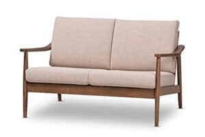 baxton studio venza mid-century modern walnut wood light brown fabric upholstered 2-seater loveseat