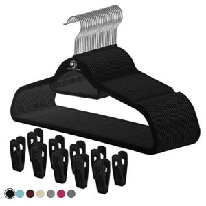 closet accessories, black velvet hangers, ultra slim space saving, notches, tie bar, swivel hook, 30 pack, with bonus 20 matching velvet finger clips