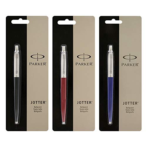 Parker Jotter 3 Colours - 1 Black + 1 Blue + 1 Red Ballpoint Pen 1.0mm, Medium Point, Black Ink (Jotter Box) (Medium Point, Black)