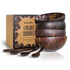 cocobowlco coconut bowl & wooden spoons bowl set - coconut bowls, eco friendly kitchen decor, acai bowls, smoothie bowls - birthday gifts for women (4, polished)