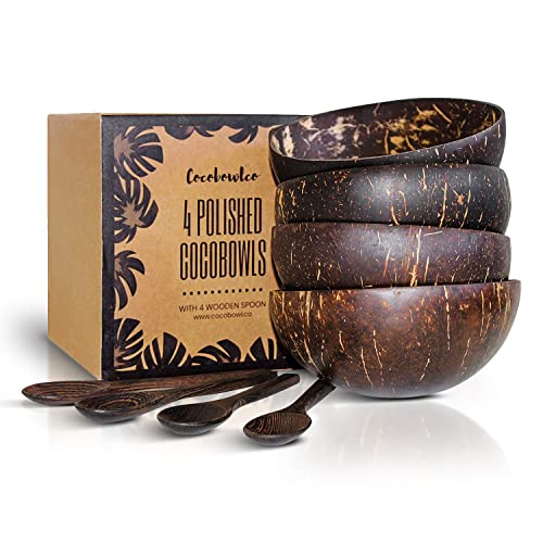 COCOBOWLCO Coconut Bowl & Wooden Spoons Bowl Set - Coconut Bowls, Eco Friendly Kitchen Decor, Acai Bowls, Smoothie Bowls - Birthday Gifts for Women (4, Polished)