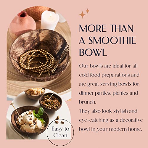 COCOBOWLCO Coconut Bowl & Wooden Spoons Bowl Set - Coconut Bowls, Eco Friendly Kitchen Decor, Acai Bowls, Smoothie Bowls - Birthday Gifts for Women (4, Polished)