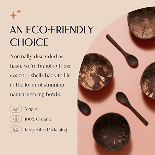 COCOBOWLCO Coconut Bowl & Wooden Spoons Bowl Set - Coconut Bowls, Eco Friendly Kitchen Decor, Acai Bowls, Smoothie Bowls - Birthday Gifts for Women (4, Polished)