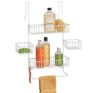 mdesign steel over the door shower caddy - hanging shower organizer rack w/ 4 baskets, 2 hooks - in-shower hanging caddy for bathroom - over door shower caddy hanger - klypon collection - matte white