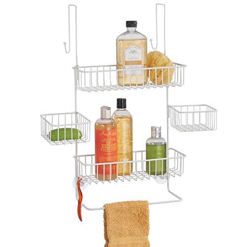 mDesign Steel Over the Door Shower Caddy - Hanging Shower Organizer Rack w/ 4 Baskets, 2 Hooks - In-Shower Hanging Caddy for Bathroom - Over Door Shower Caddy Hanger - Klypon Collection - Matte White