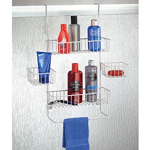 mDesign Steel Over the Door Shower Caddy - Hanging Shower Organizer Rack w/ 4 Baskets, 2 Hooks - In-Shower Hanging Caddy for Bathroom - Over Door Shower Caddy Hanger - Klypon Collection - Matte White